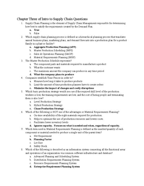 Chapter Three Of Intro To Supply Chain Questions A True B False Which Supply Chain Planning