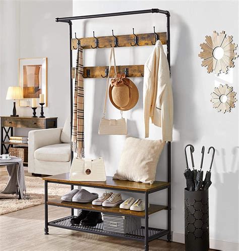 Rustic Brown Hall Tree With Bench And Shoe Storage 3 In 1 Entryway Coat