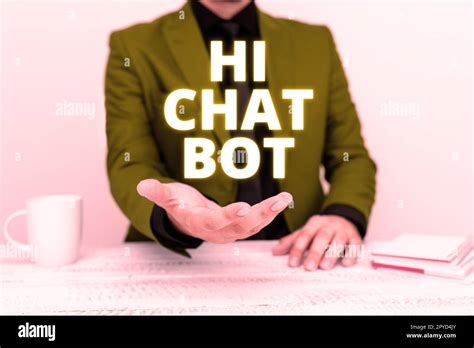 Text Caption Presenting Hi Chat Bot Concept Meaning Greeting To Robot Machine Who Answers To A