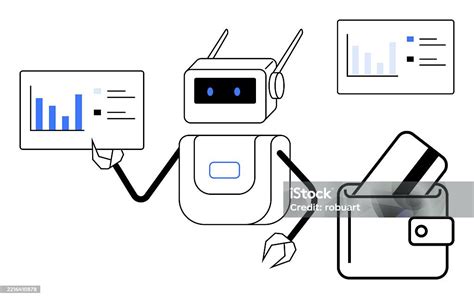 그래프로 재무 데이터를 제시하고 신용 카드로 지갑을 제시하는 로봇 기술 및 금융 통합을 보여줍니다 개념에 대한 스톡 벡터 아트 및 기타 이미지 Istock