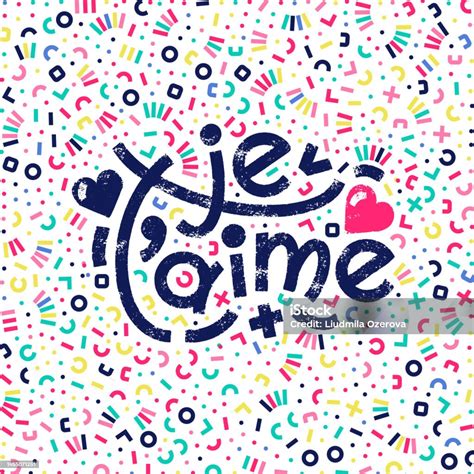 사랑해로 번역되는 프랑스어 단어 현대적인 기하학적 패턴의 굵은 글자 인사말 사각형 카드 벡터 밝은 현대 레터링 로맨틱 현대 카드입니다 감정에 대한 스톡 벡터 아트 및 기타