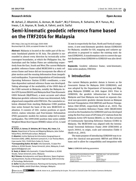 Pdf Semi Kinematic Geodetic Reference Frame Based On The Itrf2014 For Malaysia