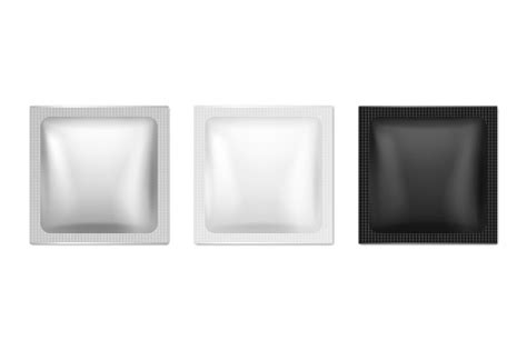 벡터 3d 사실적 사각형 호일 흰색 흰색 검은 긴 빈 포장 세트 흰색에 격리 마약 커피 소금 설탕 후추 향신료 봉지 콘돔 포장지 모형을 위한 디자인 템플릿입니다 맨 위 보기