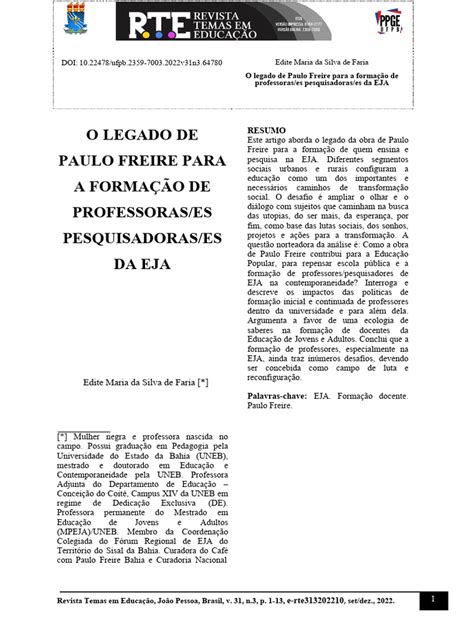 O Legado De Paulo Freire Para A Formacao De Professorases Pesquisadorases Da Eja 1 1 Pdf