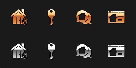 Set House Under Protection Key Real Estate Message House And Online Real Icon Vector Stock