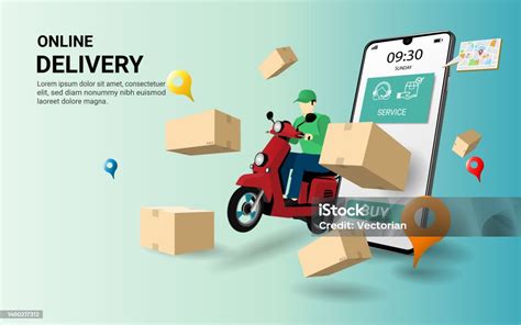 소포 상자와 모바일에 스쿠터에 의해 빠른 배달 남자 온라인 주문 추적 스마트 물류 배달 집과 사무실 전자 상거래 개념 웹 사이트 배너 앱 디자인 3d 벡터 일러스트 레이 션