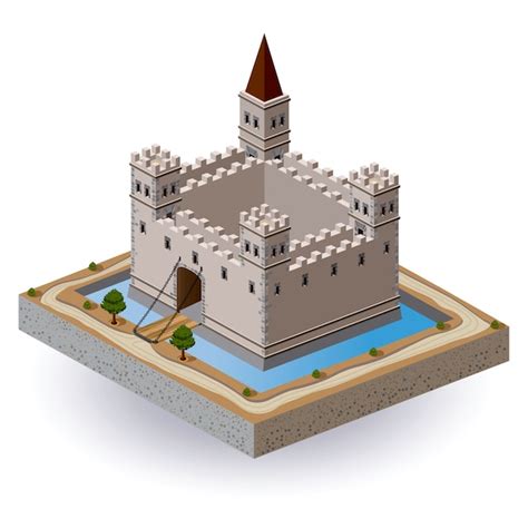 Premium Vector Isometric Projection Of The Vector Of A Medieval Castle With A Moat And Gate