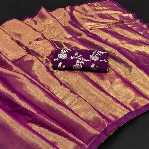 Purple Solid Net Silk Saree