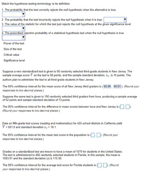 solved match the hypothesis testing terminology to its