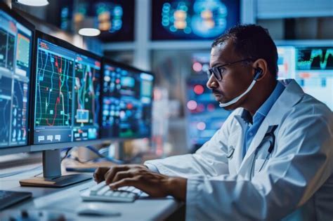 Scientist Analyzing Data On Multiple Screens Premium Ai Generated Image