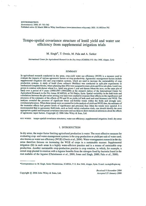 Pdf Tempo‐spatial Covariance Structure Of Lentil Yield And Water Use Efficiency From