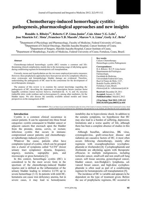 Pdf Chemotherapy Induced Hemorrhagic Cystitis Pathogenesis