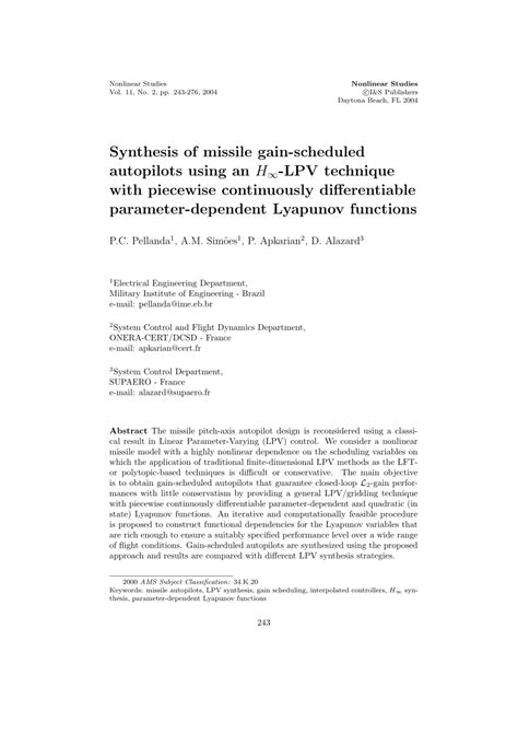 Pdf Synthesis Of Missile Gain Scheduled Autopilots Using An H Infinity Lpv Technique With
