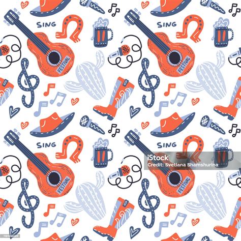 어쿠스틱 기타 카우보이 부츠와 노트와 컨트리 음악 원활한 배경 음악 콘서트 축제 포스터 낙서 벡터 컬러 손으로 그린 그림입니다 내슈빌에 대한 스톡 벡터 아트 및 기타 이미지