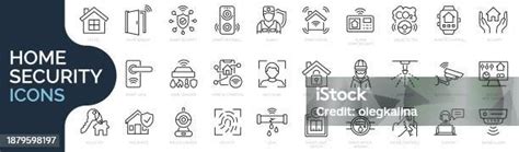 가정 보안 주택 보호 스마트 하우스와 관련된 라인 아이콘 세트입니다 윤곽선 아이콘 모음 편집 가능한 획 벡터 일러스트 레이 션 감지기에 대한 스톡 벡터 아트 및 기타 이미지