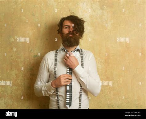 Crazy Man With Suspenders Feel Candid Face Expression Portrait Of Funny Bearded Man In White