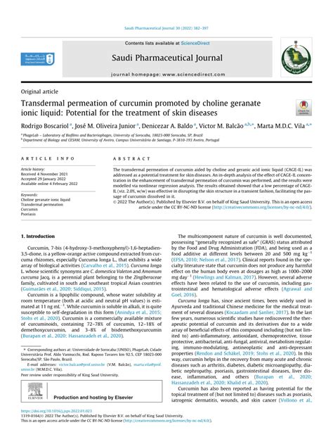 Pdf Transdermal Permeation Of Curcumin Promoted By Choline Geranate