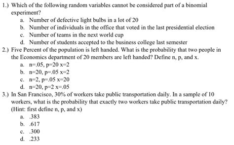 solved 1 which of the following random variables cannot be