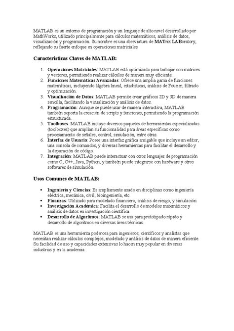Matlab Es Un Entorno De Programación Y Un Lenguaje De Alto Nivel