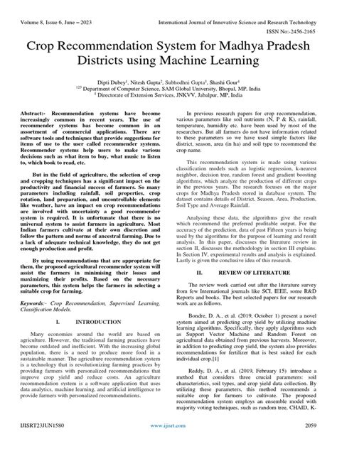 Crop Recommendation System For Madhya Pradesh Districts Using Machine