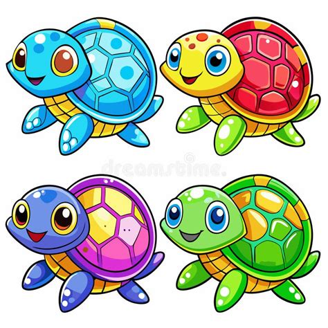 Four Cartoon Turtles With Different Colored Shells And Happy