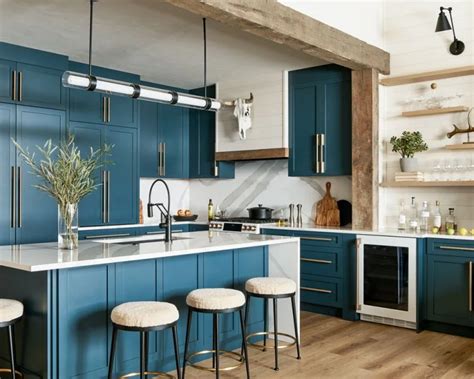 Contemporary Cabin Kitchen With Rustic Accents And Bold Blue Cabinets