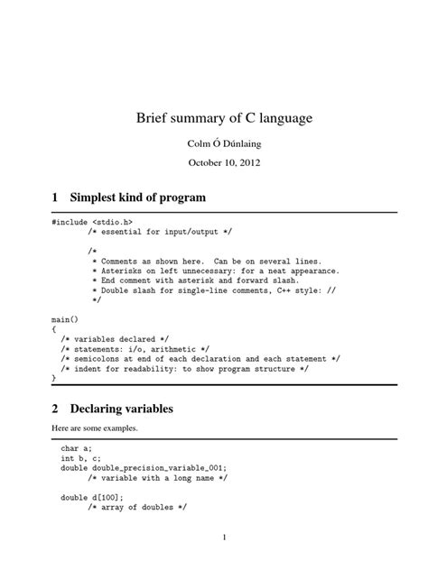 brief summary of c language 1 simplest kind of program pdf c
