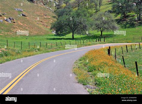 California Rural Road In Countryside Landscape Of Tulare County Stock