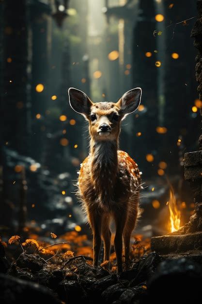 Premium Ai Image Lonely Bambi Dear In A Dark Ominous Forest Dynamic