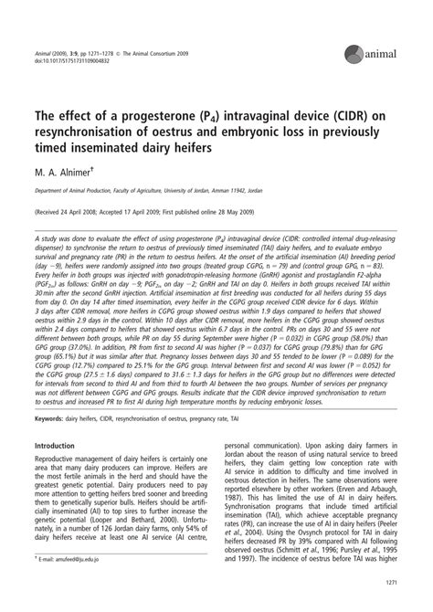 Pdf The Effect Of A Progesterone P4 Intravaginal Device Cidr On Resynchronisation Of