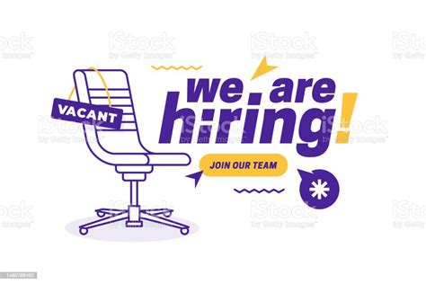 채용 모집 공석 디자인 정보 레이블 템플릿입니다 우리는 빈 의자와 함께 우리 팀 발표 글자에 합류하는 것을 고용하고 있습니다 객실 있음에 대한 스톡 벡터 아트 및 기타