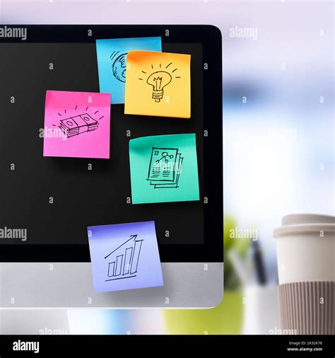 Sticky Notes With Sketched Business Icons On Office Computer Screen Creative Business Concept