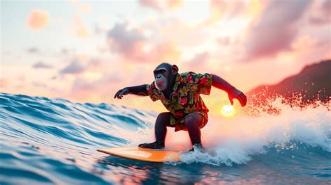 A Chimpanzee Wearing A Hawaiian Shirt Is Surfing On The Wave At Sunset