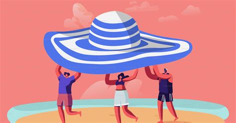 여름 시즌 휴가 개념 작은 사람들은 해변에서 휴식을 취하며 여름 휴가를 즐기는 거대한 열대 모자를 들고 있습니다 이국적인 리조트의 해변에서 노는 캐릭터 만화 벡터