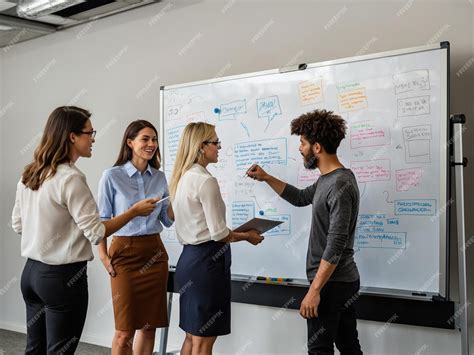 Team Brainstorming Ideas At A Whiteboard In The Office Premium Ai