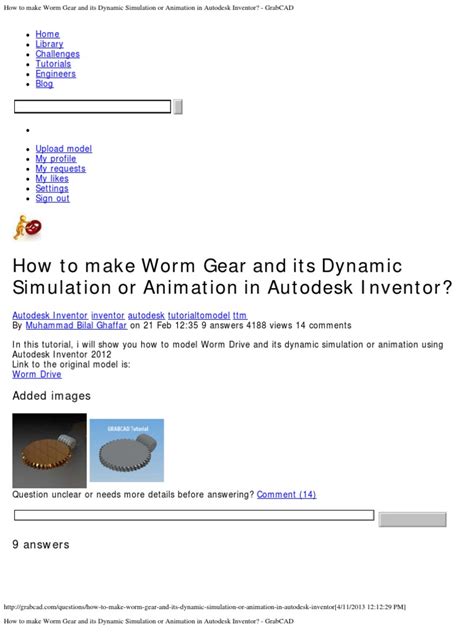 How To Make Worm Gear And Its Dynamic Simulation Or Animation In Autodesk Inven Pdf Gear