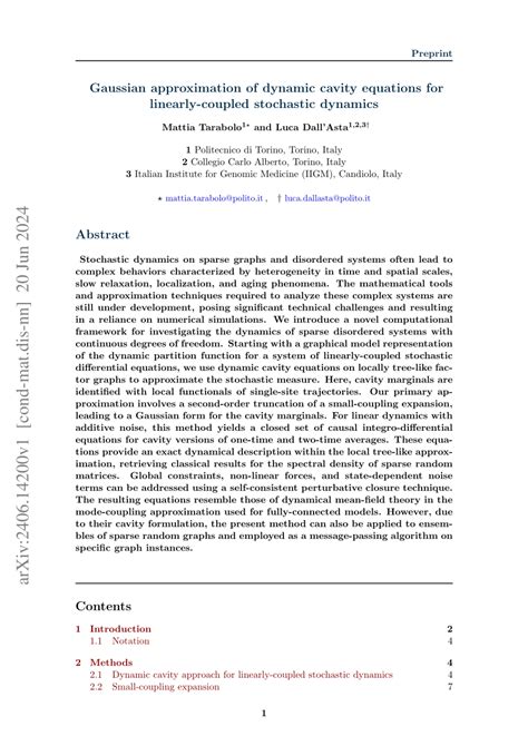 Pdf Gaussian Approximation Of Dynamic Cavity Equations For Linearly Coupled Stochastic Dynamics