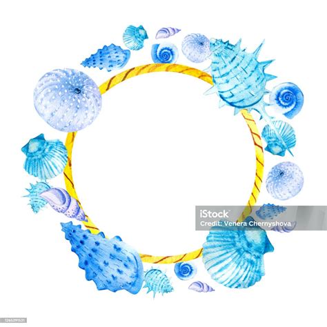 흰색 배경에 바다 조개 별과 달팽이와 수채화 둥근 프레임 해양 조성 일러스트레이션 손으로 그린 엽서 디자인 템플릿을 위한 클립아트 각도에 대한 스톡 벡터 아트 및 기타