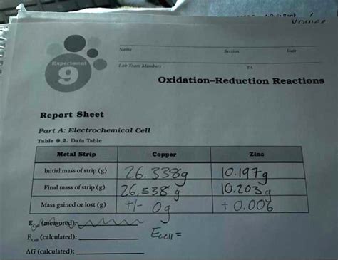 Help Me Calculate Ecell And Delta G Please The Experiment Time Was Over 20 Minutes Name Section