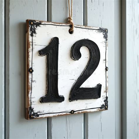 Wooden Number Twelve With A 3d Effect Hangs On The Rustic Door Vintage Sign With Old House