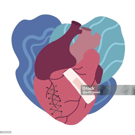 깨진 질병 심장 추상적 인 배경에 솔기와 패치와 아픈 현실적인 마음의 평면 그림 의료 사진 벡터 요소 건강 진단에 대한 스톡 벡터 아트 및 기타 이미지 Istock