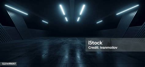 지하 콘크리트 격납고 터널 차고 현실적인 배경 쇼룸 공상 과학 미래 지향적 인 현대 그런지 외국인 창고 복도 아스팔트 다크 라이트 3d 렌더링 어두운 색에 대한 스톡 사진