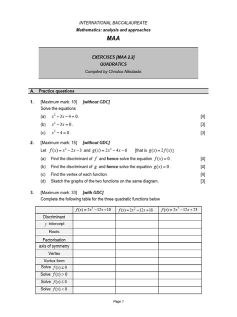 2 2 Quadratics For Ib Pdf Quadratic Equation Mathematical Concepts