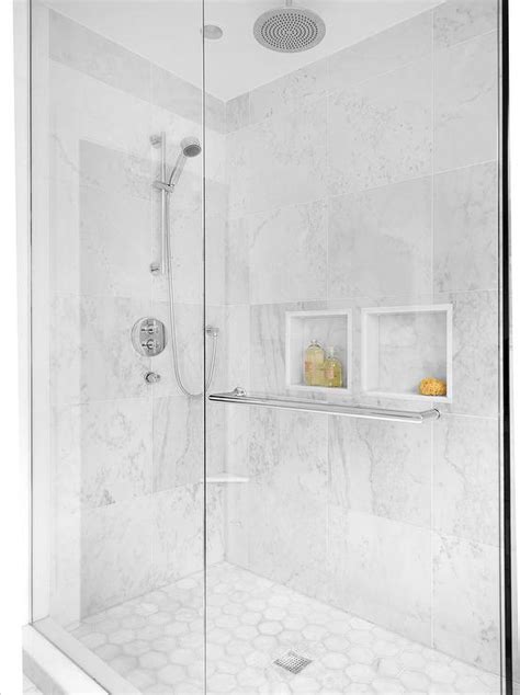 Walk In Shower With Side By Side Marble Tiled Shower Niches