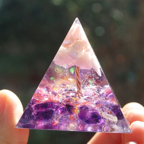 Tree Of Life Orgone Pyramid Pink Opal With Amethyst Quartz Etsy