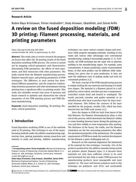 Pdf A Review On The Fused Deposition Modeling Fdm 3d Printing Filament Processing