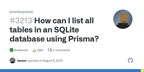 how can i list all tables in an sqlite database using prisma · prisma