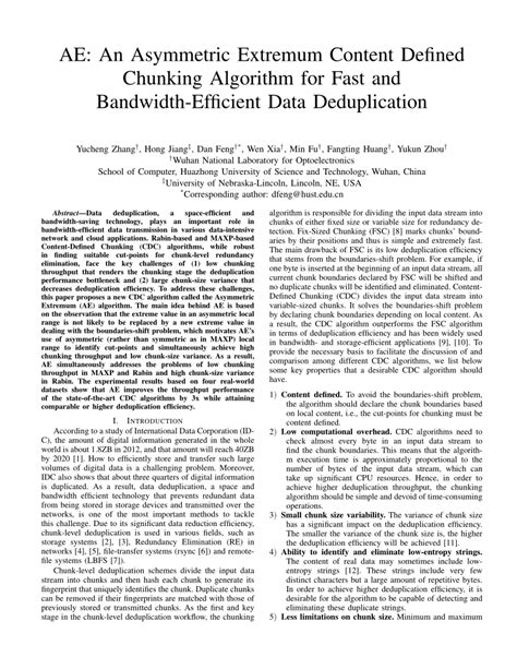 Pdf Ae An Asymmetric Extremum Content Defined Chunking Algorithm For