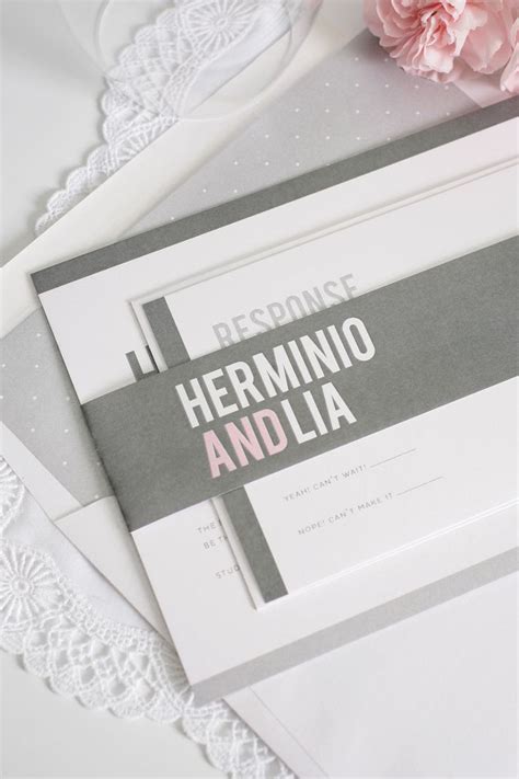 Pink And Grey Modern Wedding Invitations With Pink Flowers