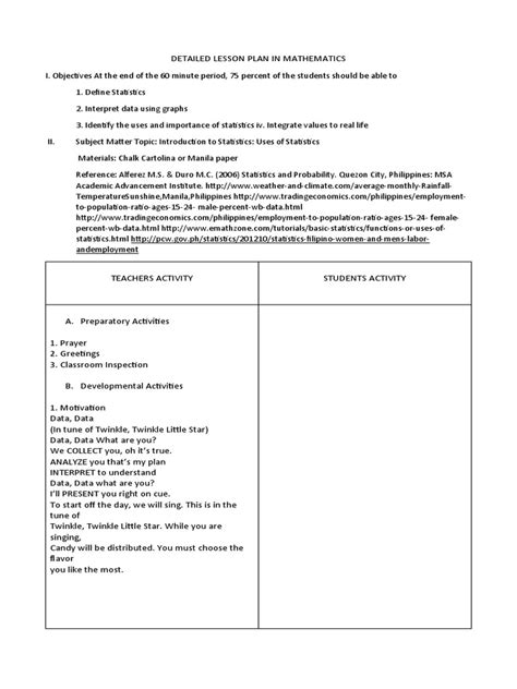 Detailed Lesson Plan In Mathematics Pdf Summation Statistics